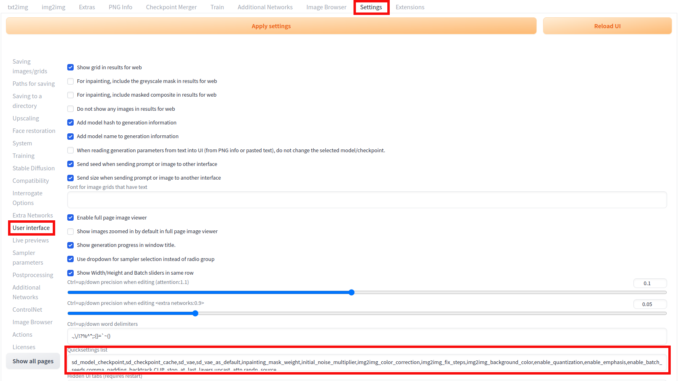 Automatic1111 Stable Diffusion Web UI Quicksettings | kombitz